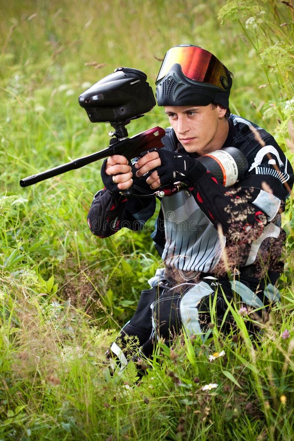 Paintball Shooter Aiming the Gun Stock Image - Image of aggression ...