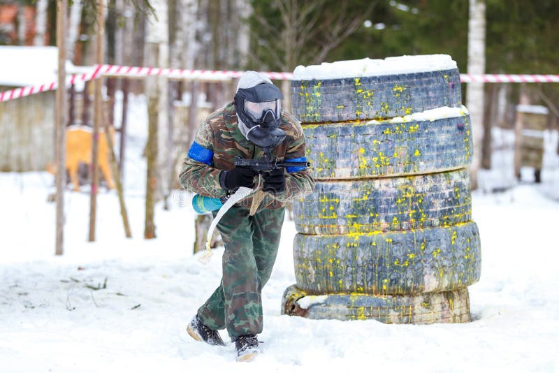 Paintball in Winter. Cool Man Running. Stock Image - Image of sport ...