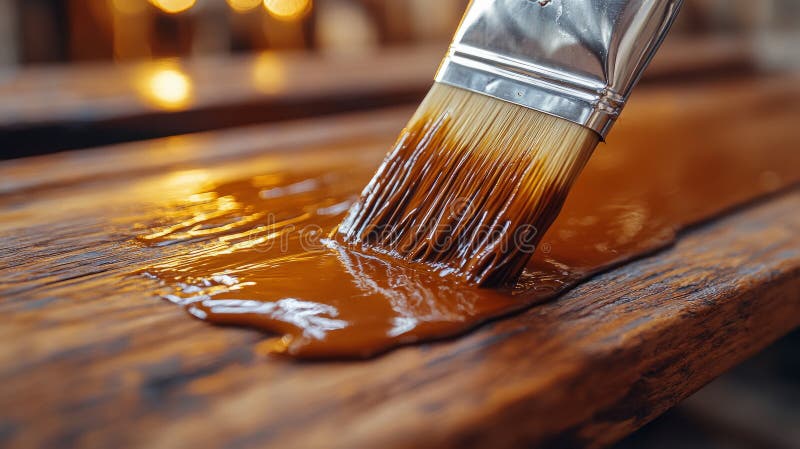 Paintbrush Applying Varnish on Wooden Surface. Stock Photo - Image of ...