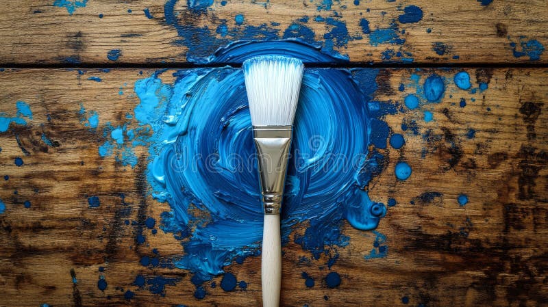 Paintbrush with Blue Paint on Wooden Background. Stock Image - Image of ...
