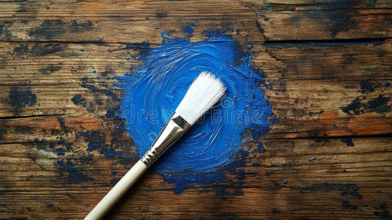 Paintbrush with Blue Paint on a Wooden Surface. Stock Photo - Image of ...