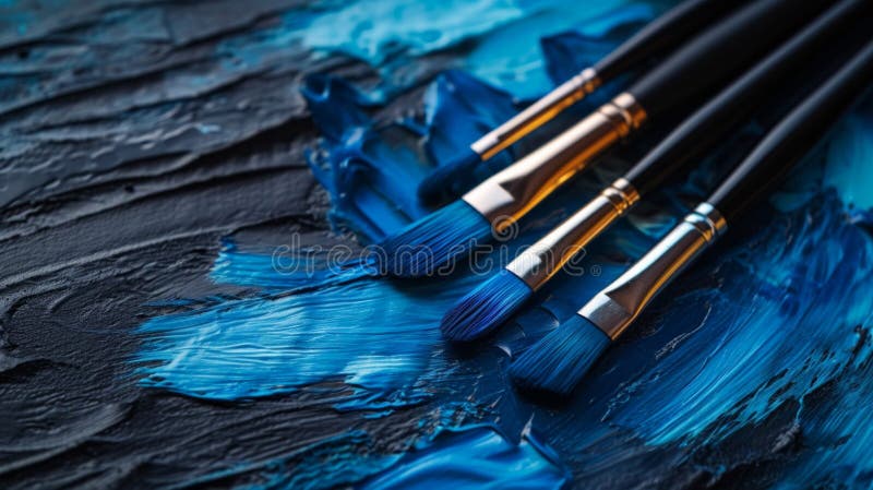 Paintbrush and Blue Paints on Black Background Stock Image - Image of ...