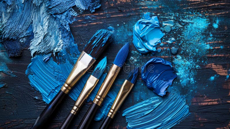 Paintbrush and Blue Paints on Black Background Stock Image - Image of ...