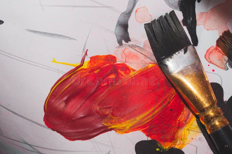 Paintbrush Close Up. Drawing Process. Paint Stains on the Paper Stock ...