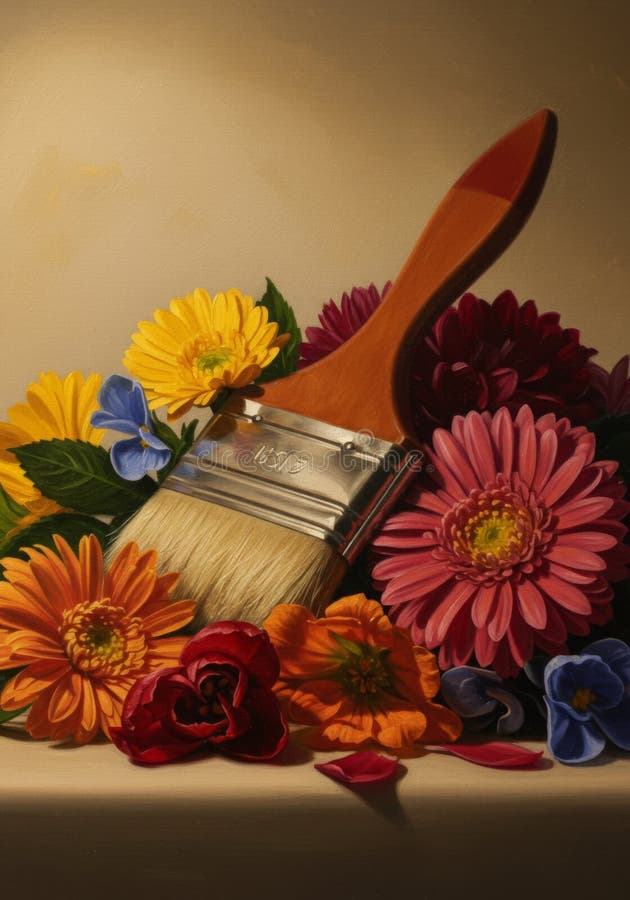 Paintbrush and Colorful Flowers Still Life Stock Illustration - Illustration of arrangement ...