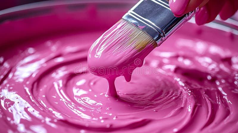 A Paintbrush Dipped into a Tin of Bright Pink Paint, Capturing Texture ...