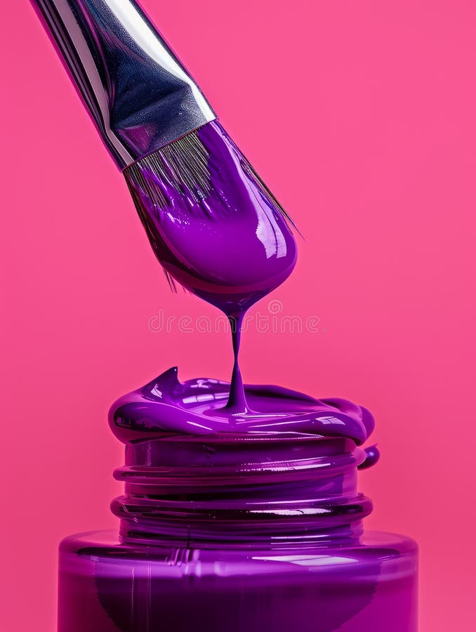 A Paintbrush Dripping Purple Paint into a Bottle on a Pink Background ...