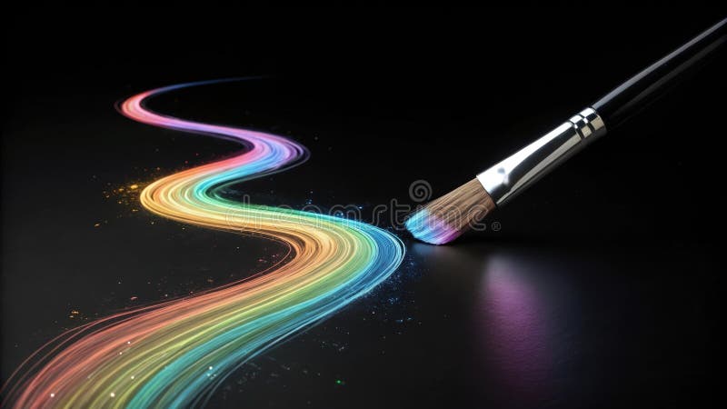 Paintbrush Painting Rainbow Light Trails on Black Background Stock ...
