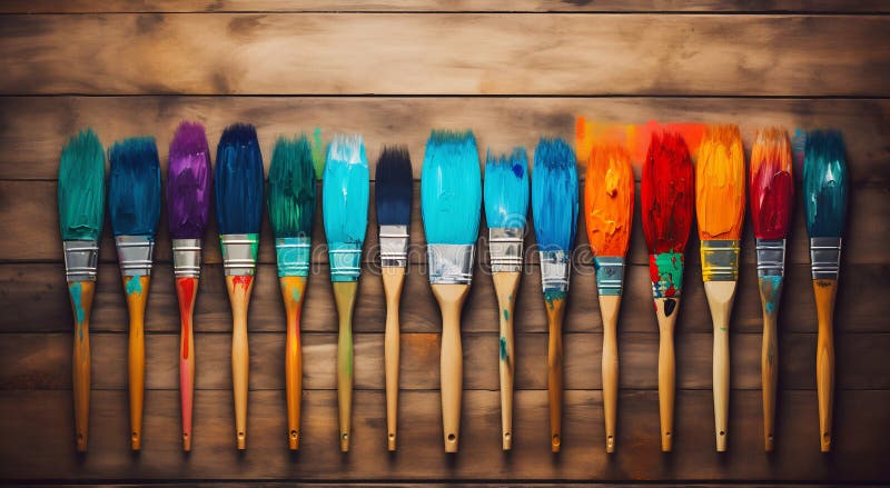 Paintbrush Parade on Wooden Backdrop Stock Image - Image of colors ...