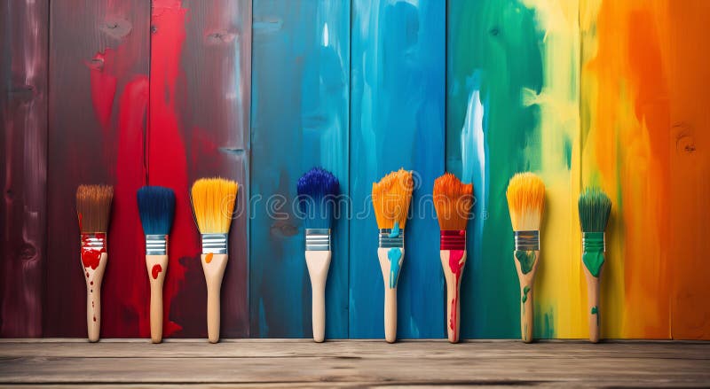 Paintbrush Parade on Wooden Backdrop Stock Photo - Image of assorted ...