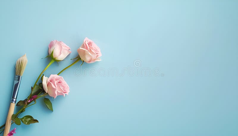 Paintbrush with Pink Roses on the Blue Background. Top View. Copy Space ...