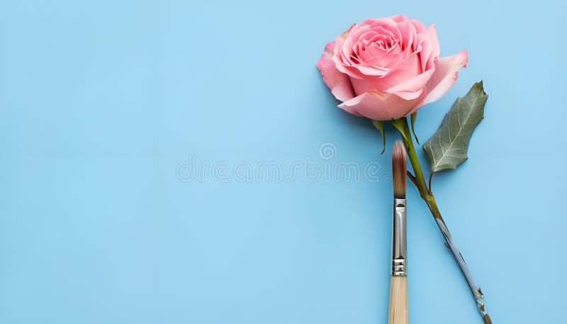 Paintbrush with Pink Roses on the Blue Background. Top View. Copy Space ...