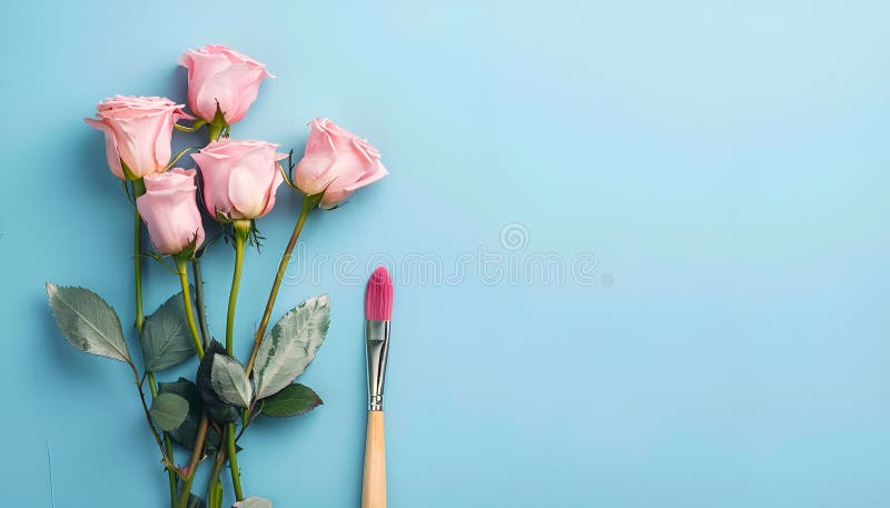 Paintbrush with Pink Roses on the Blue Background. Top View. Copy Space ...