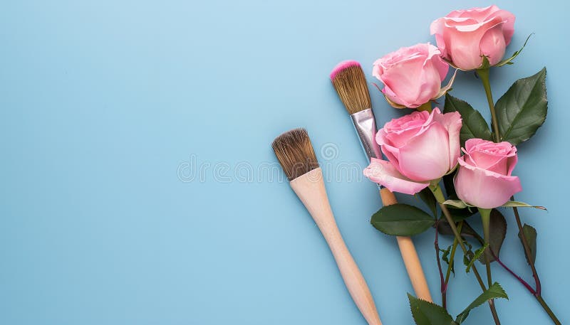 Paintbrush with Pink Roses on the Blue Background. Top View. Copy Space ...
