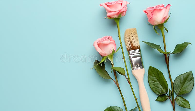 Paintbrush with Pink Roses on the Blue Background. Top View. Copy Space ...