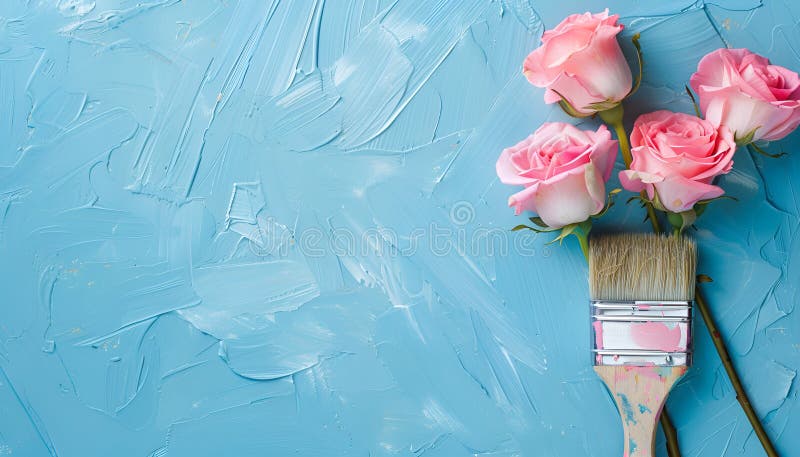 Paintbrush with Pink Roses on the Blue Background. Top View. Copy Space ...
