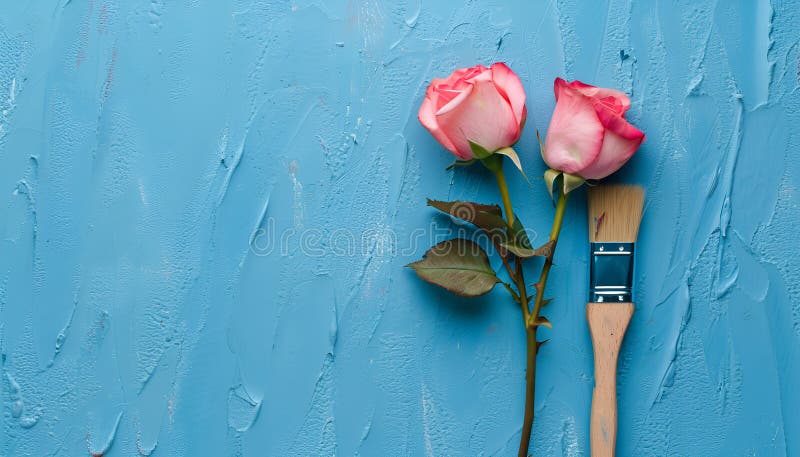 Paintbrush with Pink Roses on the Blue Background. Top View. Copy Space ...