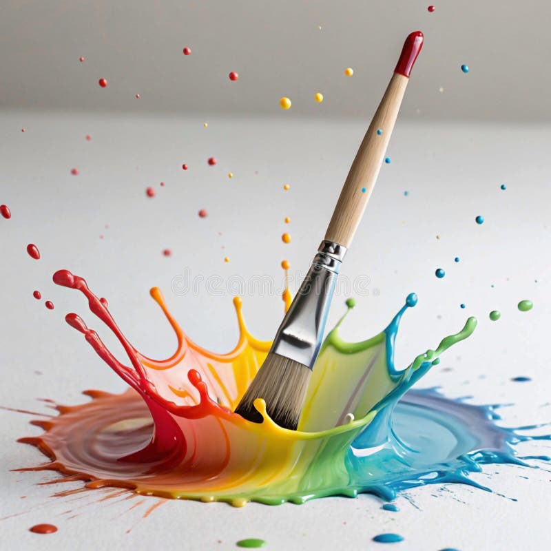 Paintbrush Splashing into Paint: Dynamic Rainbow Effect. Vibrant ...