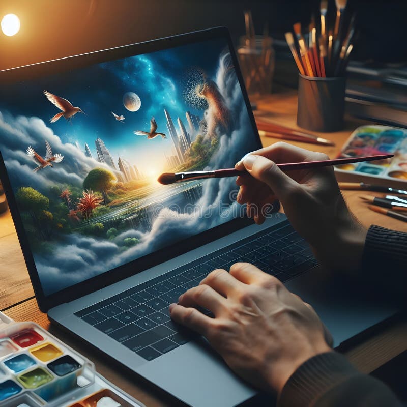 Paintbrush Touching Laptop Screen with Fantasy Scene, Creativity ...