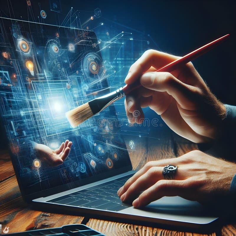 Paintbrush Touching Laptop Screen with Ideas and Lines Bursting Out ...