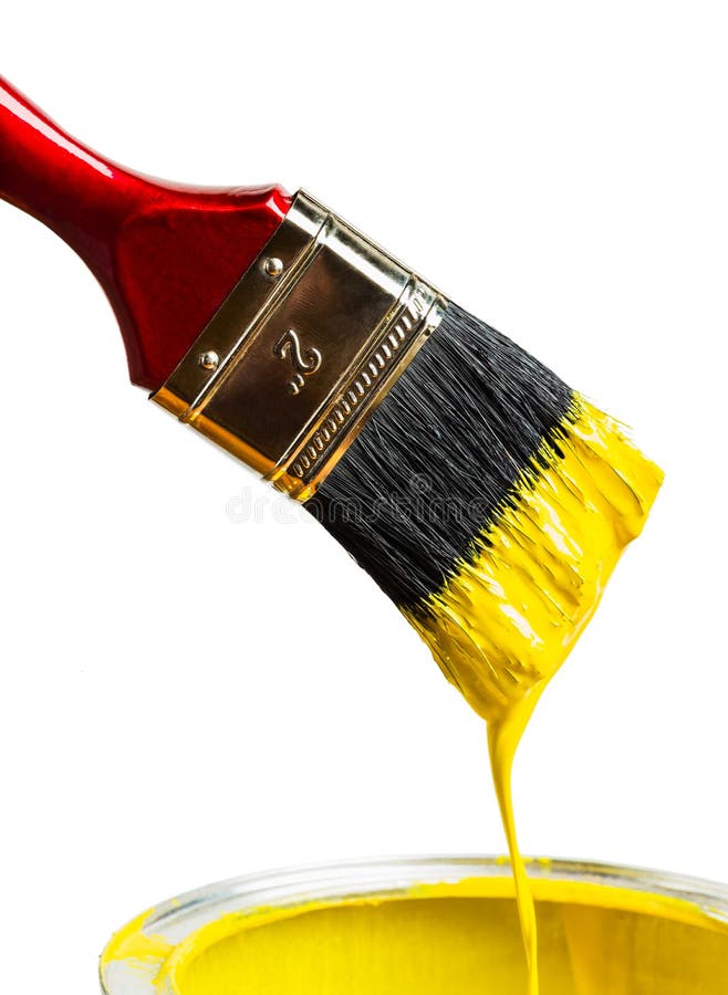 Paintbrush with Yellow Paint Dye Wooden Wall Stock Photo - Image of ...
