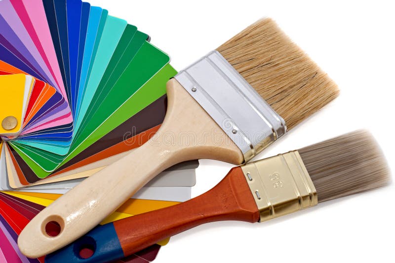 Color Samples And Paint Brushes On The Wooden Table Stock Photo - Image ...