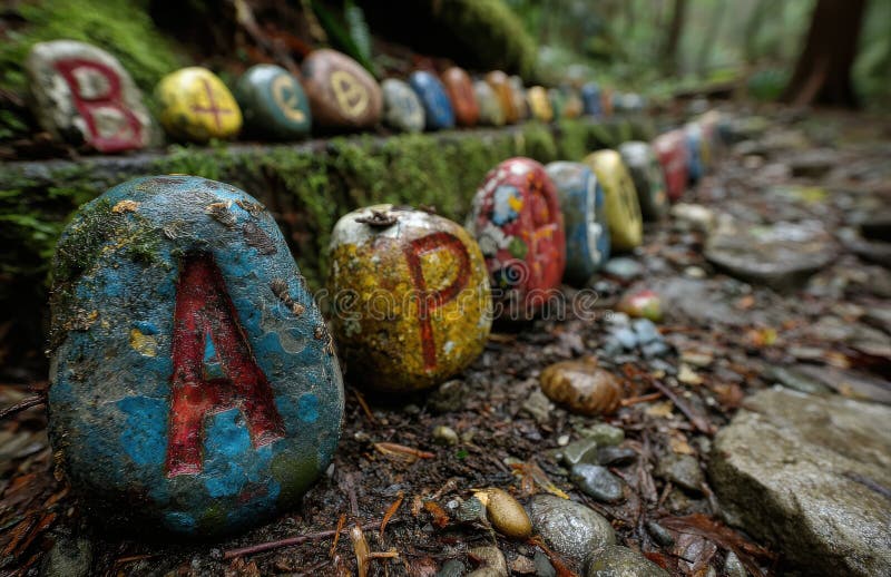 Painted Alphabet Rocks Forming a Path in the Woods Stock Image - Image ...