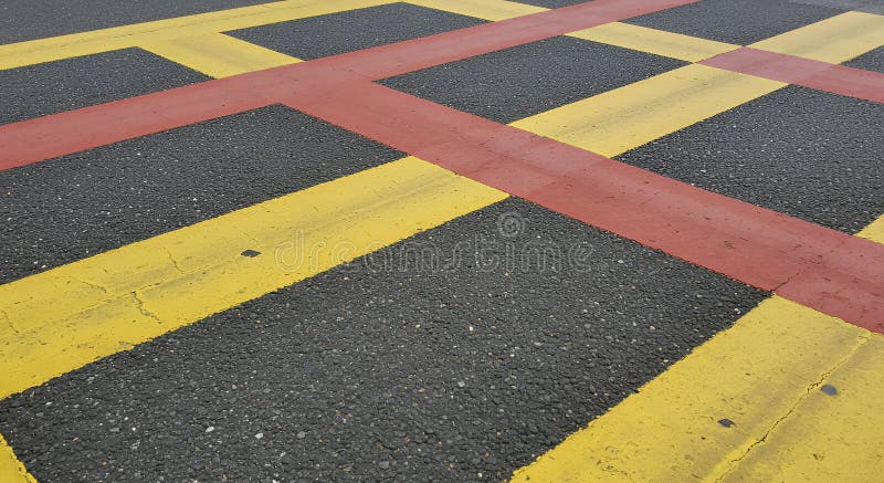 Painted Asphalt Surface with Red and Yellow Lines Creating Grid Pattern ...
