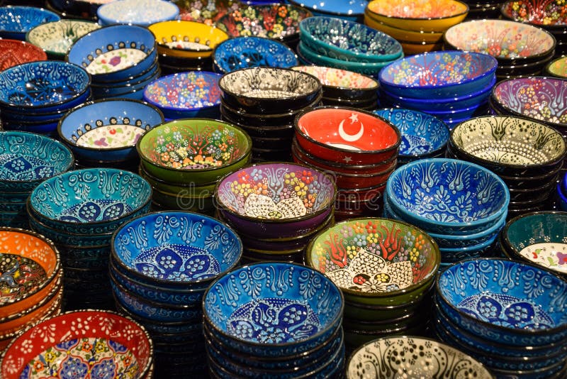 Painted Beautiful Dishes on the Counter Stock Image - Image of handmade ...