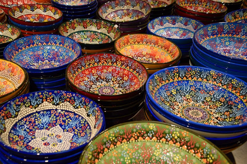 Painted Beautiful Dishes on the Counter Stock Image - Image of ceramic ...