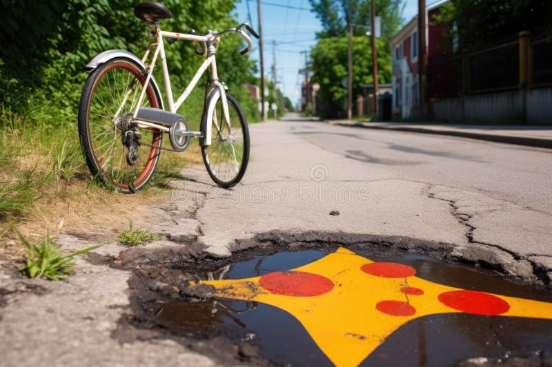 Painted Bicycle Symbol Next To a Pothole, Caution Needed Stock Image ...