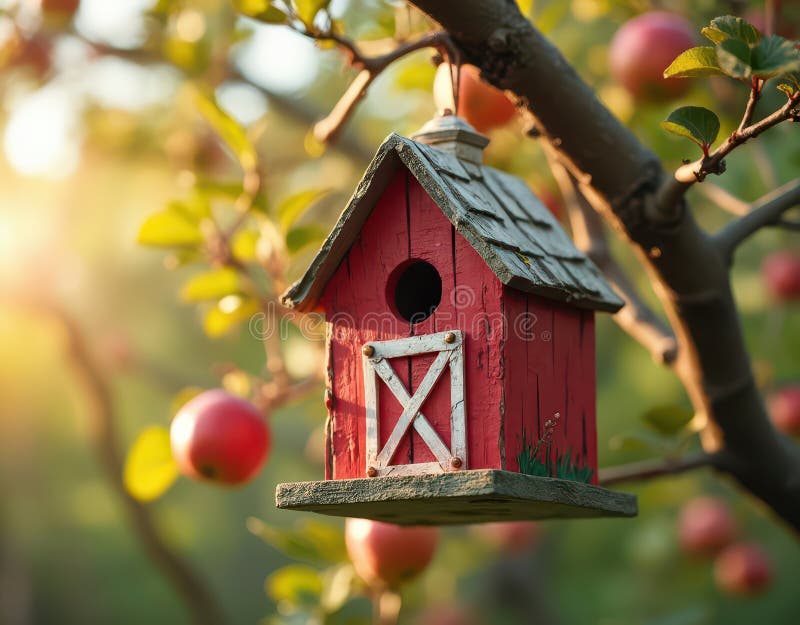 A Painted Birdhouse Resembling a Tiny Red Barn, Hanging in a Blossoming ...