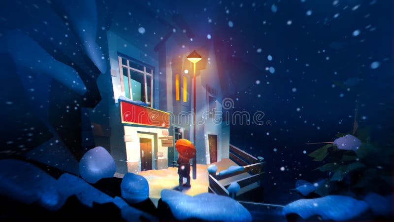 Painted Bright Winter Night Landscape with Lighting and Man Stock ...