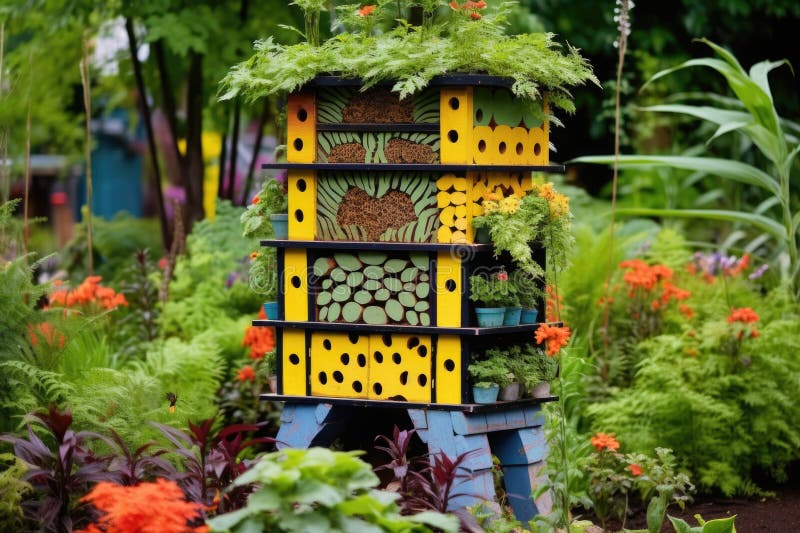 Painted Bug Hotel in Creative Design among Plants Stock Photo - Image ...