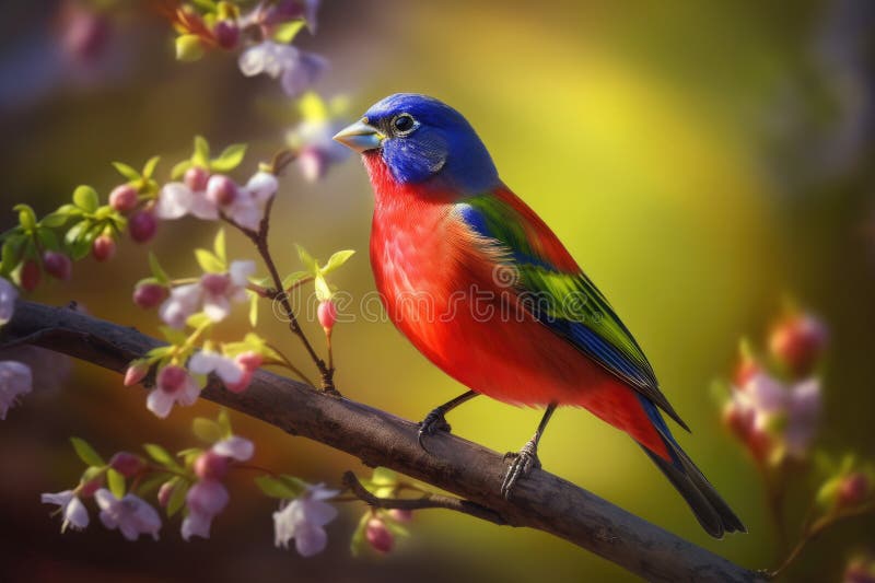 Painted Bunting Cardinal on the Tree, Spring Buds, Colorful Background ...