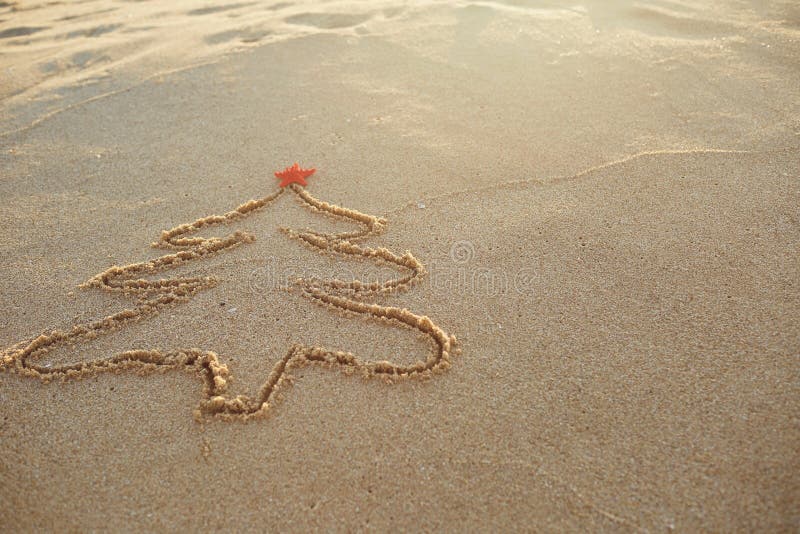 Painted Christmas Tree in the Sand on the Beach. Stock Image - Image of ...