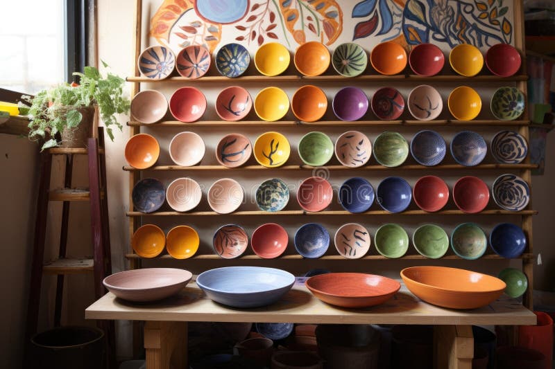 Painted Clay Plates and Bowls on a Drying Rack Stock Illustration ...