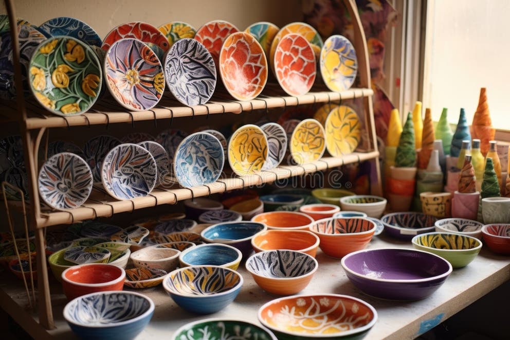 Painted Clay Plates and Bowls on a Drying Rack Stock Illustration ...