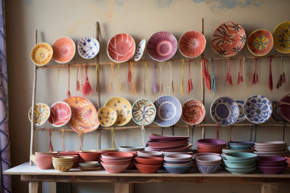 Painted Clay Plates and Bowls on a Drying Rack Stock Illustration ...