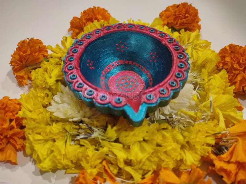 Diya Decorated with Flowers Stock Image - Image of puja, painted: 259872179