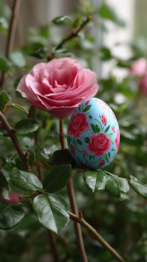 Painted Easter Egg Adorned with Floral Design on a Rose Bush with a ...
