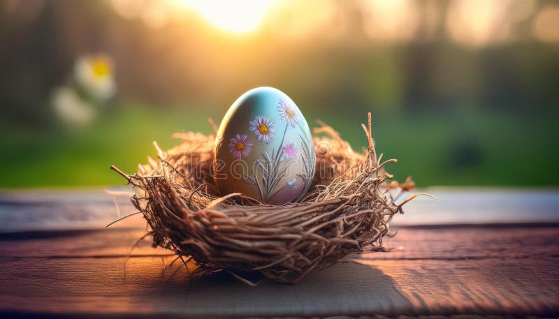 Painted Easter Egg in Nest with Garden Background Stock Illustration ...