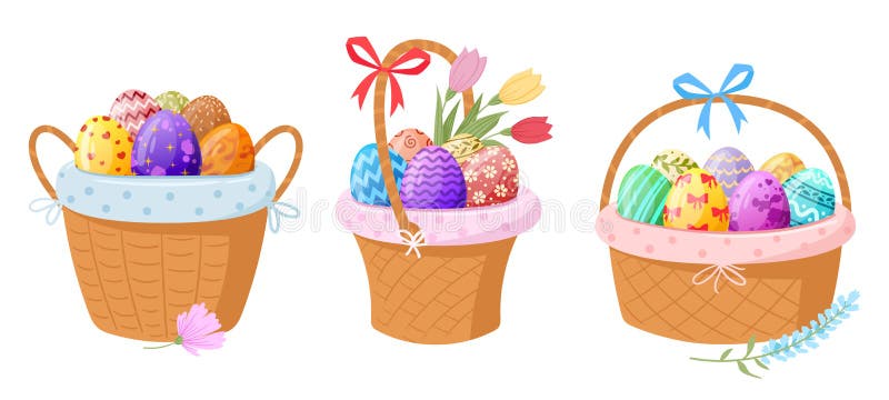 Painted Easter Eggs Baskets. Cartoon Spring Holiday Easter Eggs in ...