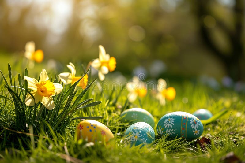 Painted Easter Eggs in a Meadow in Green Grass, with Daffodils in Bloom ...