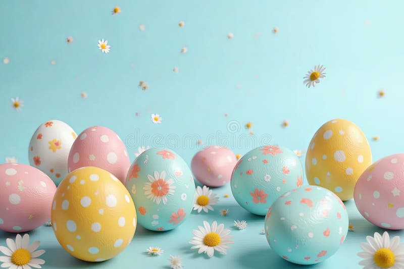 Painted Easter Eggs Scattered with Small White Daisies Against Blue ...