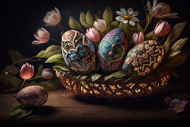 Painted Eggs in a Basket, Easter Atmosphere. Generative AI Tools Stock ...