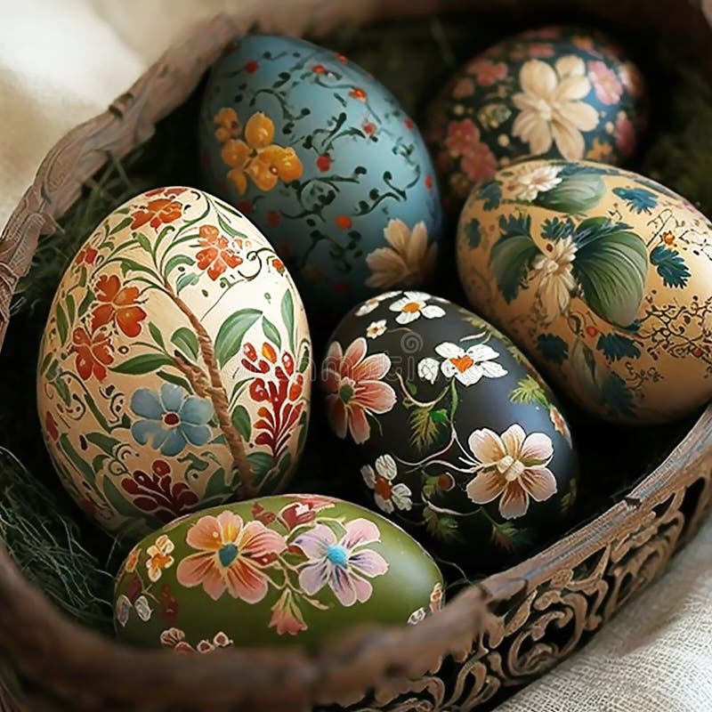 Painted Eggs in a Basket, Easter Atmosphere. Generative AI Tools Stock ...