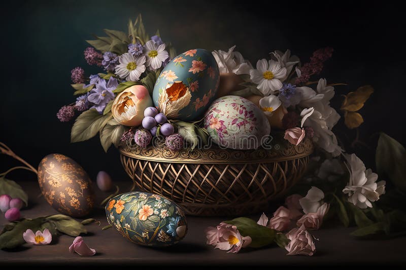 Painted Eggs in a Basket, Easter Atmosphere. Generative AI Tools Stock ...