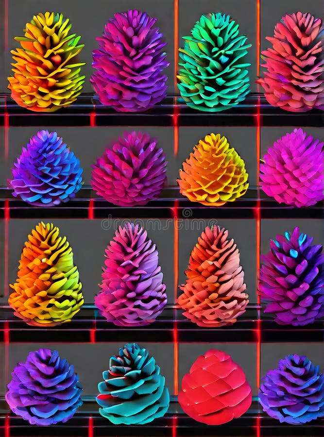 Painted Fir Cone Background Knolling Flat Neon. Stock Illustration ...
