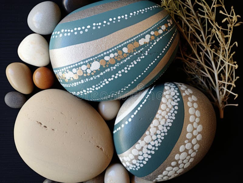 A Painted Flat Pebble with Abstract Wave Patterns and Dots on Top of a ...